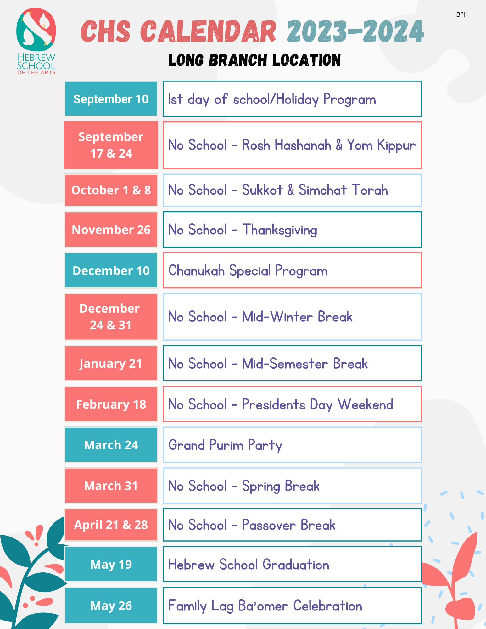 CHS Schedule Long Branch Location